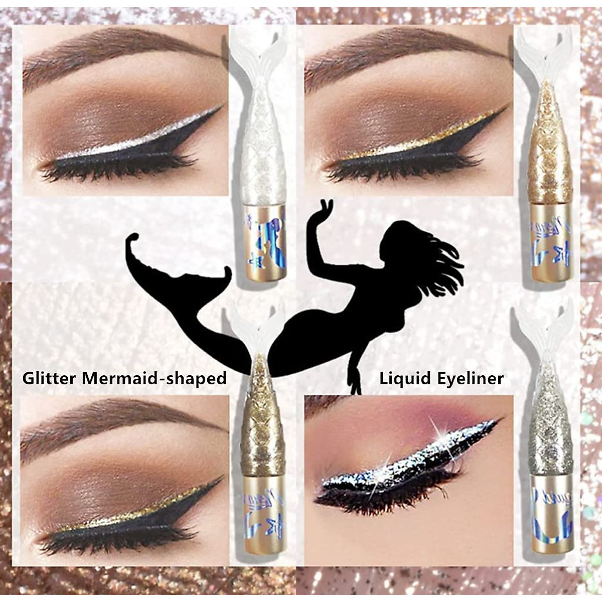 Go Ho 4 Colors Liquid Glitter Eyeliner,Shiny White Eyeliner,Metallic Shimmer Sliver Eyeshadow liner,High Pigment Colored Eyeliner Sticker Long Lasting Sparkling Eyeliner Makeup(Style A)