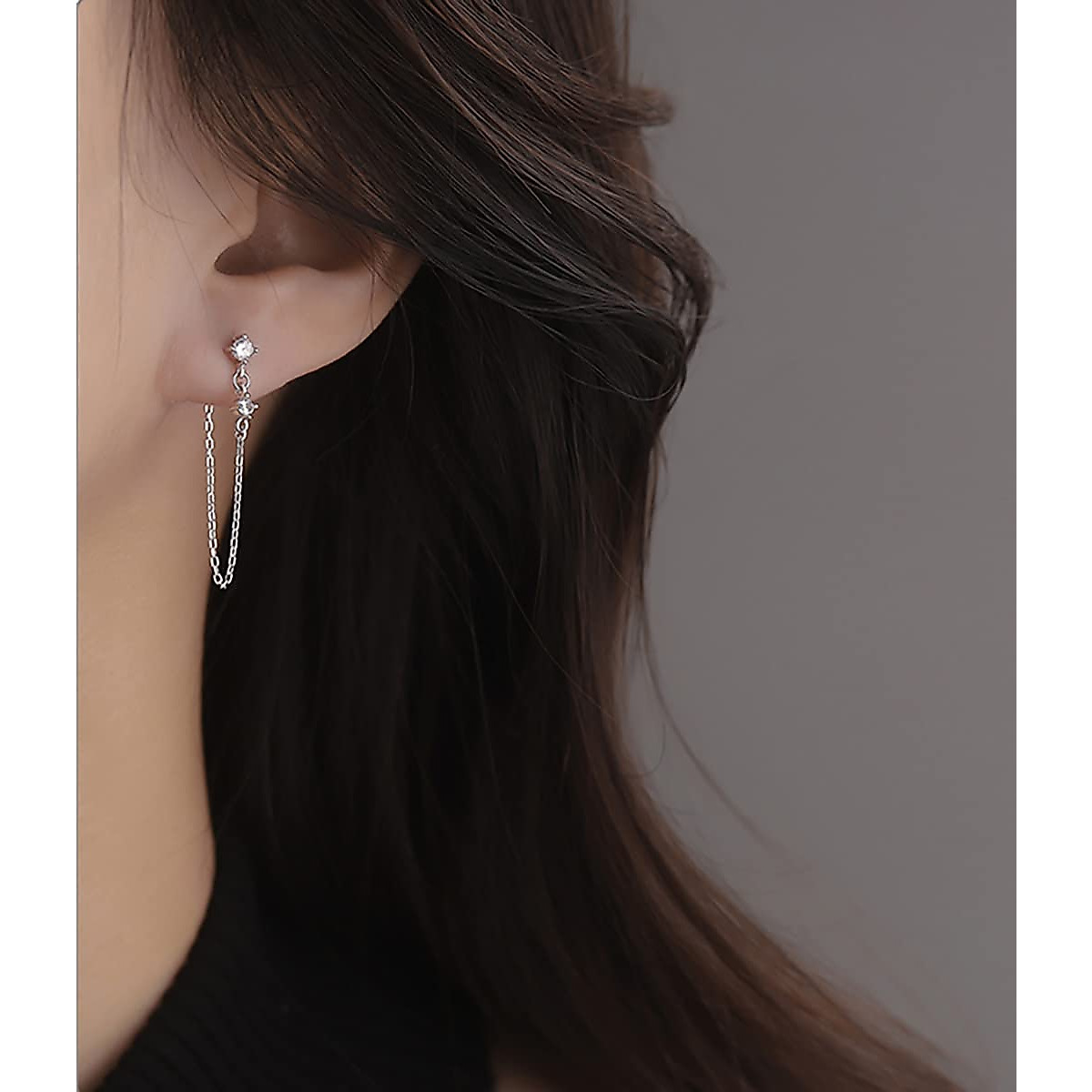 Reffeer Sterling Silver Chain Dangle Earrings for Women Teens Girls CZ Chain Drop Earrings Studs (A-Silver)