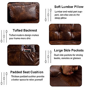 Oprisen 82”Modern Loveseat Sofa Couch for Livingroom Comfy PU Leather Loveseat Couch w/Adjust Headrest, Tufted Button Deep Seat Futon Set w/Wide Arm/Pillows for Apartment (PU-Brown)