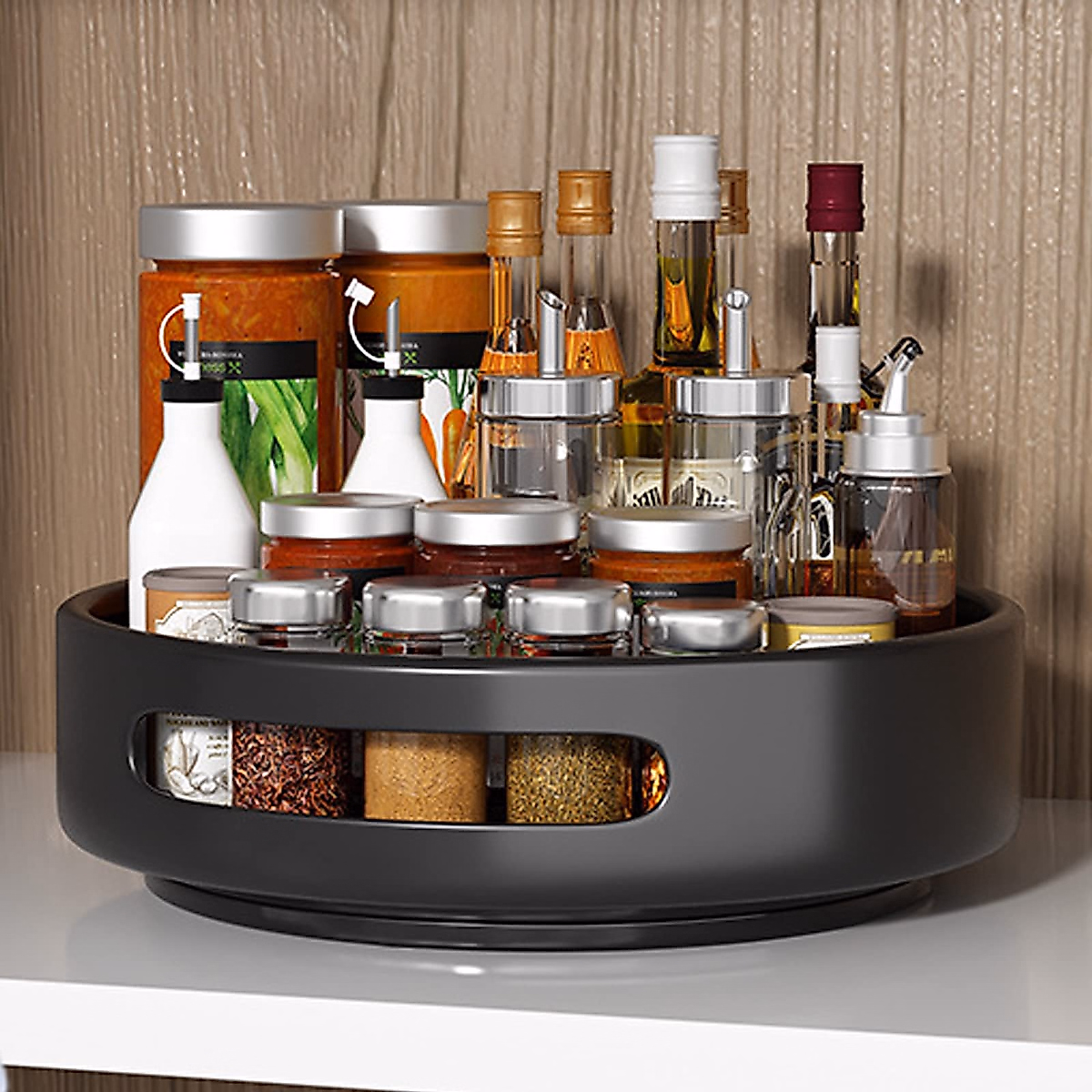 Carbon Steel Lazy Susan Organizer,Black 360°Stable Revolving Spice Rack Turntable for Pantry Cabinet,Decorative Trays Storage Containers Organizer for Kitchen Cabinet, Snacks, Bathroom,12.2inch