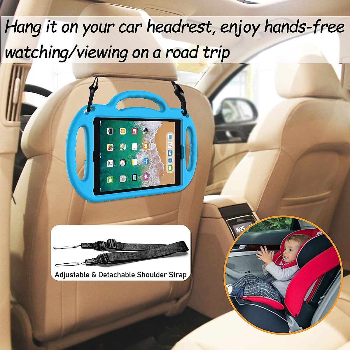 LTROP Kids Case for iPad 5th/6th Generation (2017/2018) & Air 2, Shoulder Strap Handle Stand Shockproof Bumper Cute Kid Case for iPad 9.7 Inch, Blue