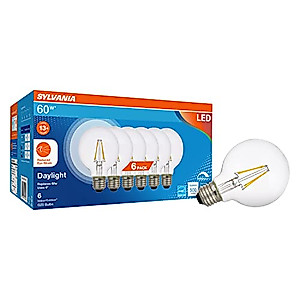 LEDVANCE Sylvania Reduced Eye Strain G25 Globe LED Light Bulb, 60W = 6W, 13 Year, Dimmable, Clear, 5000K, Daylight - 6 Pack (41244)