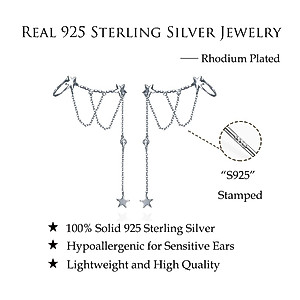 Reffeer Solid 925 Sterling Silver Star Cuff Earrings Chain Dangle for Women Star Wrap Earrings Crawler (A-Silver)