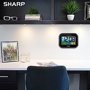 Sharp Atomic Digital Alarm Clock, Battery Operated Self-Setting Digital Wall or Desk Clock, Easy to Read Color Display Nightlight with Indoor Temperature and Calendar