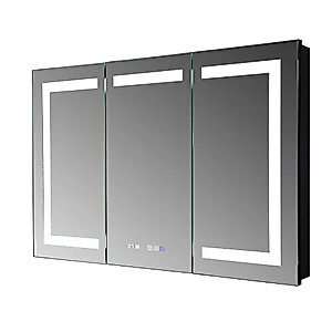 tunuo 48''W x 32''H Recessed or Surface Medicine Cabinets for Bathroom with Mirror, LED Medicine Cabinet Organizer with Crystal Sand Lighting Belts, Defogger, Dimmer, Clock, Outlets & USB, Black