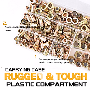 VIGRUE 150pcs #8-32#10-24 1/4"-20 5/16"-18 3/8"-16 Carbon Steel UNC Rivet Nuts Assortment Kit, Yellow Zinc Plated Finish, Flat Head Threaded Insert Nut Assort