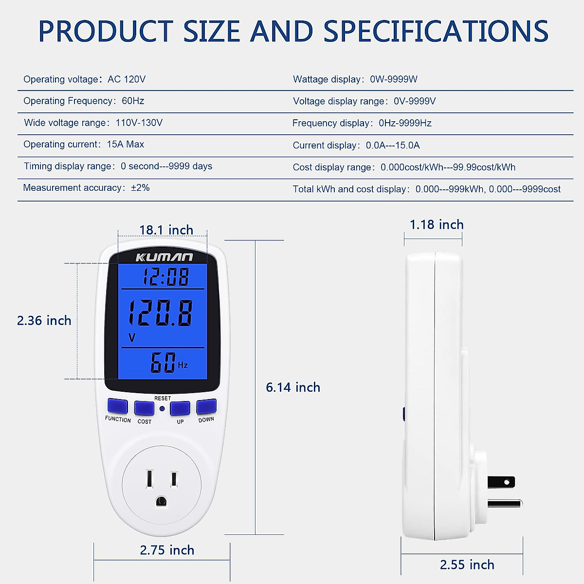 Upgraded Watt Meter, Home Electricity Usage Monitor, Plug-in Socket Power Meter, Power Watt Voltage Amps Meter Tester, Overload Protection