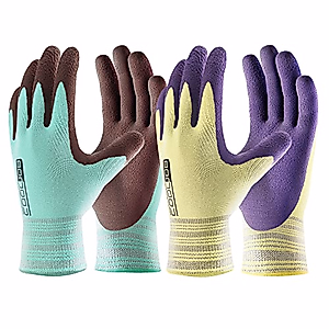 COOLJOB 2 Pairs Breathable Modal Gardening Work Gloves for Women, Natural Soft Stretch Base with Anti-slip Rubber Coating, Palm Dipped Gloves for Lawn Yard Patio Garden Workers, Green Yellow, Medium