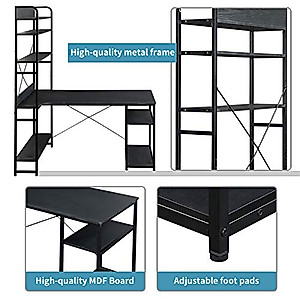 Henf Computer Desk with Bookshelf, Office Writing Desk with Desktop Display Shelves, MDF Metal Frame Modern Large Office Desk with Bookshelf Writing Table Study Workstation, Black