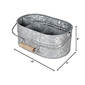 Farmhouse Utensil Caddy Carry-All and Silverware Holder, Galvanized Metal Organizer with Sturdy Dividers,for Flatware, Condiments, Party Cutlery, Arts and Crafts Supplies 12x 8x5 Inch-Antique Natural