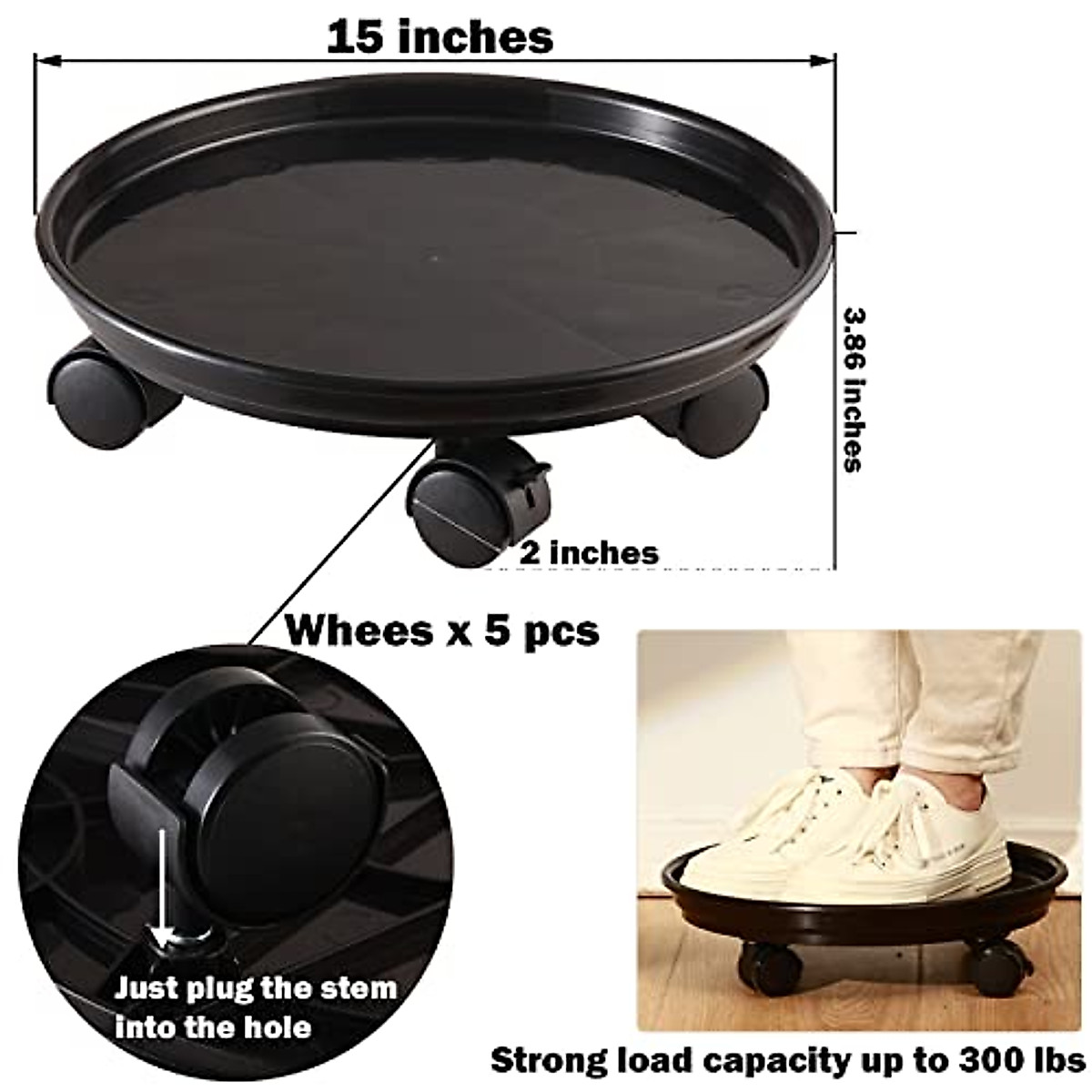 5 Packs Large Plant Caddy with Wheels 15&quot; Rolling Plant Stands Heavy-duty Plastic Plant Roller Base Pot Movers Plant Saucer on Wheels Indoor Outdoor Plant Dolly with Casters Planter Tray Coaster Black