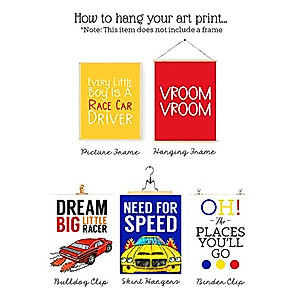 Dream Big Little Racer - Art Print Design Wall Room Home Bedroom Nursery Decor Wheel Set - Bright Race Hot Car (Set of Six) Poster Sign Picture