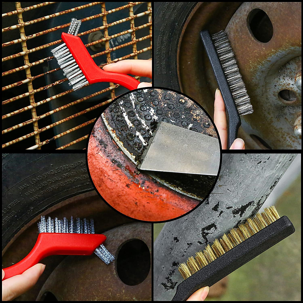 Small Wire Brush Set,8 Packed Heavy Duty Metal Scraper and Brass/Stainless Steel/Nylon Wire Brushes for Cleaning Rust,Welding Slag,Paint and Dust