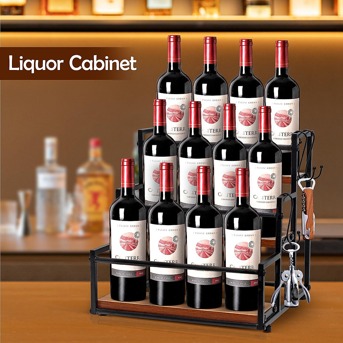 AIEWEV Coffee Syrup Rack Organizer with 3-Tier 12 Bottle Storage - Coffee Bar Holder Shelves with 3 Hooks - Liquor Cabinet Stand for Kitchen Coffee Station on Countertop