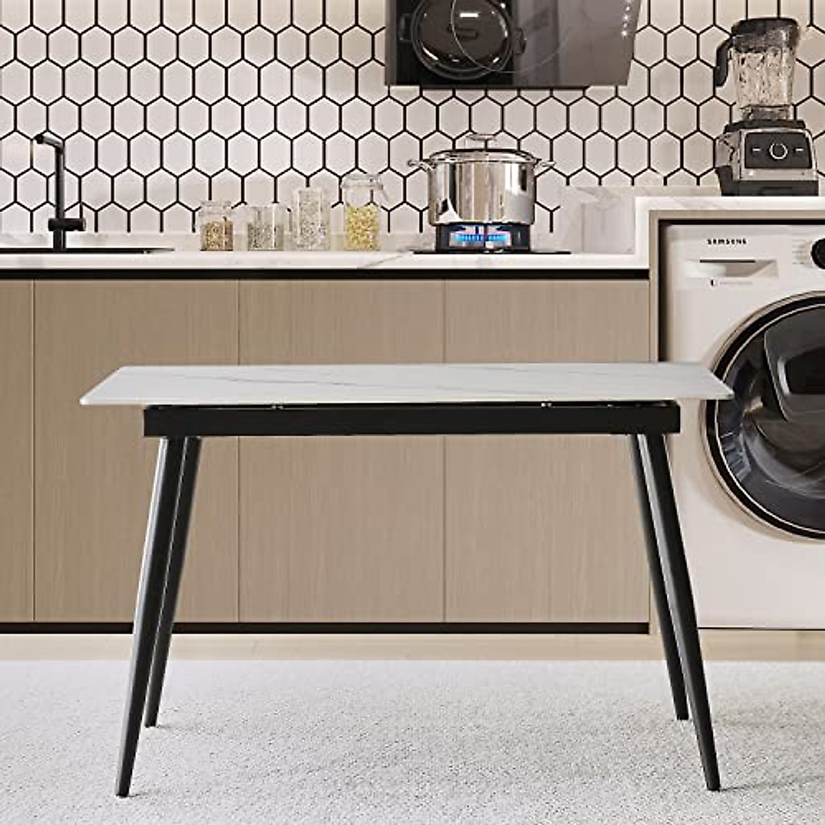 seonyou Dining Table Slate Stone with Sturdy Black Metal Base, White Mid Century Modern Dining Table Kitchen Tables for Small Spaces Rectangular Dining Room Table Restaurant（47“L）