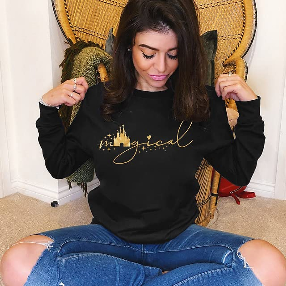 UNIQUENOE Magic Kingdom Sweatshirts for Women Magical Tshirt Family Vacation Tee Castle Graphic Long Sleeve Tops Black