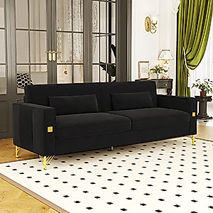 TUBAIHON 85" Black Velvet Couch Living Room Sofa for 3 People Modern Sofa with Gold Metal Lges & Firm Frame for Bedroom/Office