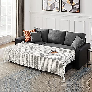 Runboll Sectional Sofa with Pull-Out L-Shape Bed Reversible Chaise Sofa with Storage Seat Sleeper Couch with 2 Stools