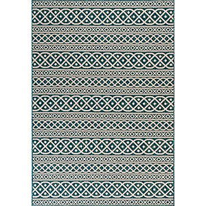 RUGBUGGERY Indoor Outdoor Anti-Fade Moroccan Boho Panel Area Rug 8'x10' Ocean Blue (Bohemian, Southwestern, Transitional, Pet Friendly, Non Shedding, Stain Resistant)