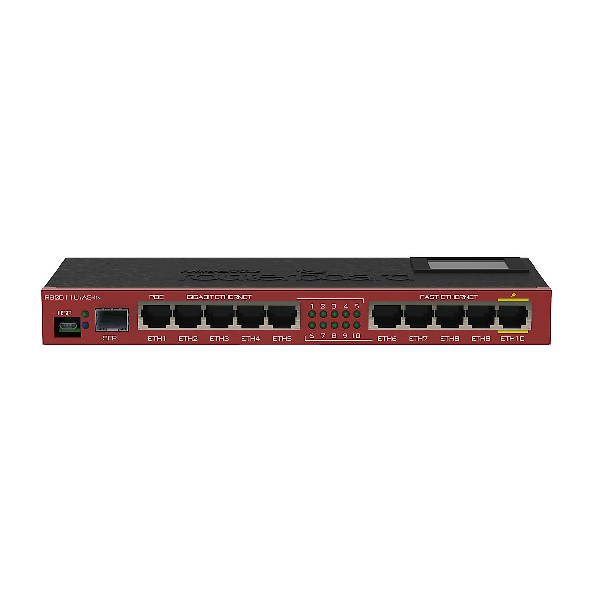 MikroTik - RB2011UIAS-IN - RB2011UASIN 5 Gigabit LAN ports, 5 Fast Ethernet LAN ports, OS L5 license, MicroUSB, 128MB RAM, LCD touchscreen for configuration