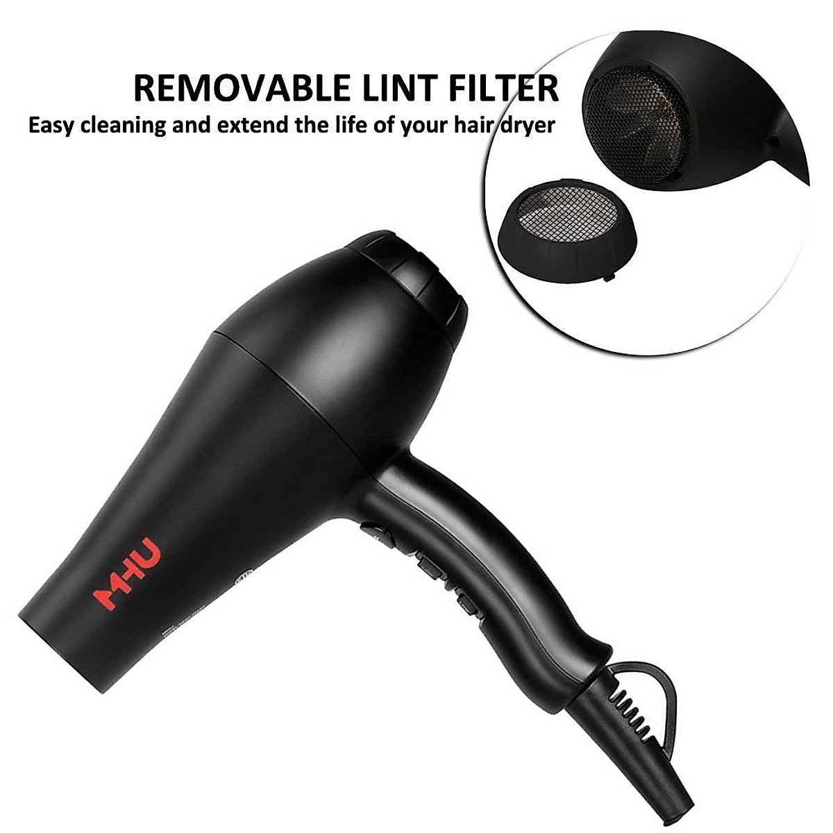 MHU Professional Salon Grade 1875w Low Noise Ionic Ceramic Ac Infrared Heat Hair Dryer Plus One Concentrator and One Diffuser Black Color