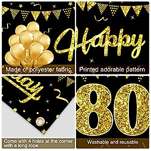 Happy 80th Birthday Banner Decorations for Women Men, Black Gold 80 Birthday Sign Party Supplies, 80 Year Old Birthday Backdrop Background Decor for Indoor Outdoor