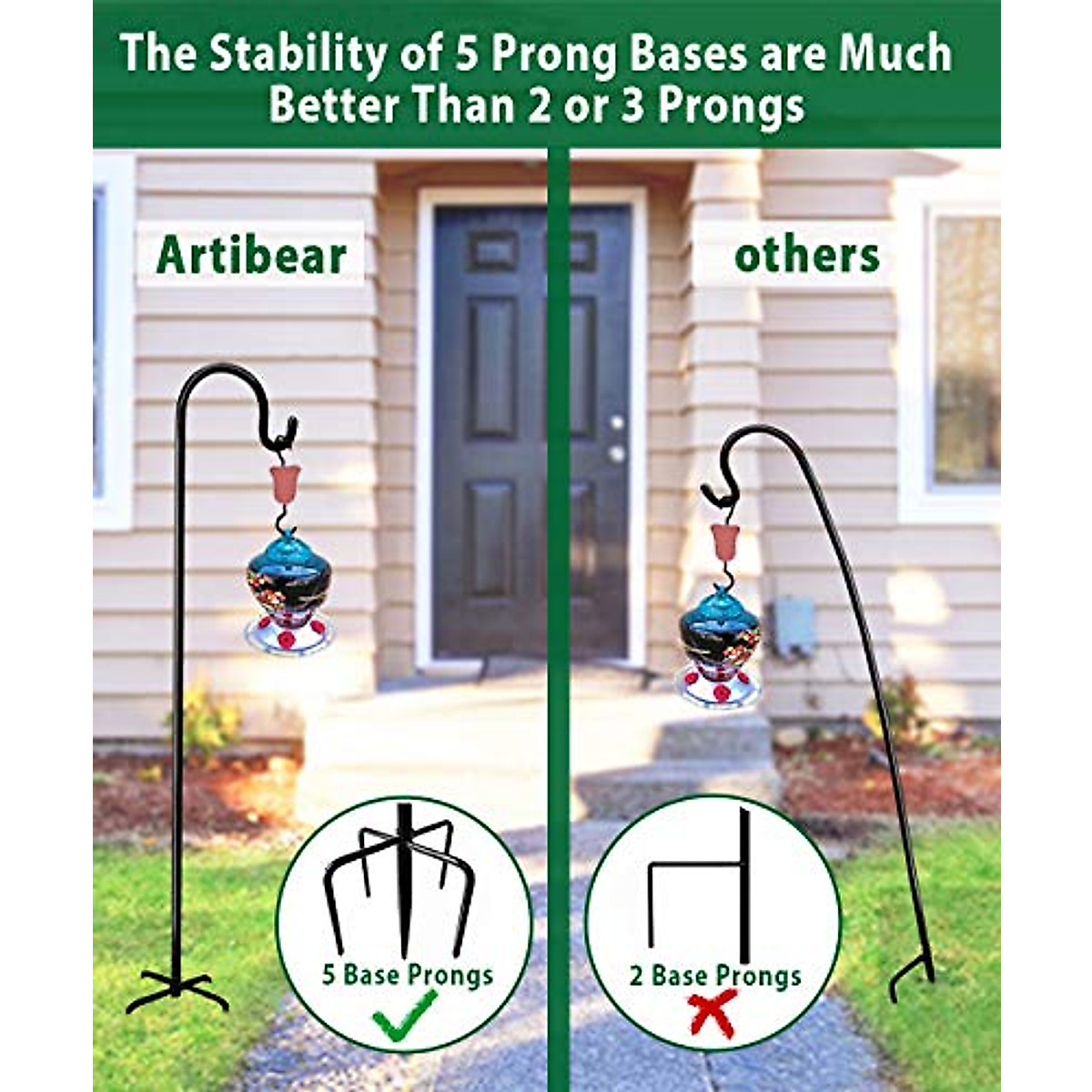Artibear Adjustable Outdoor Shepherd Hook Stand with 5 Prong Base, 108 Inches Tall 3/5 in Thick, Shiny Black (1 Packs)