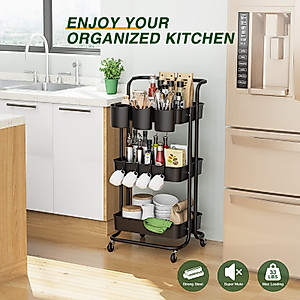3-Tier Rolling Mobile Utility Cart with Hanging Cups & Hooks & Handle Multifunctional Organizer Storage Trolley Service Cart with Wheels Easy Assembly for Office, Bathroom, Kitchen (Black)