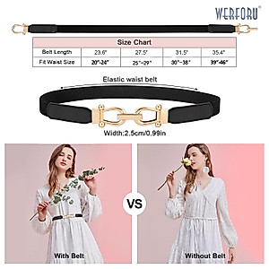 WERFORU 3 Pack Women Ladies Skinny Elastic Waist Belt Gold Buckle Stretchy Thin Belt for Dress Jeans,Black+Brown+White