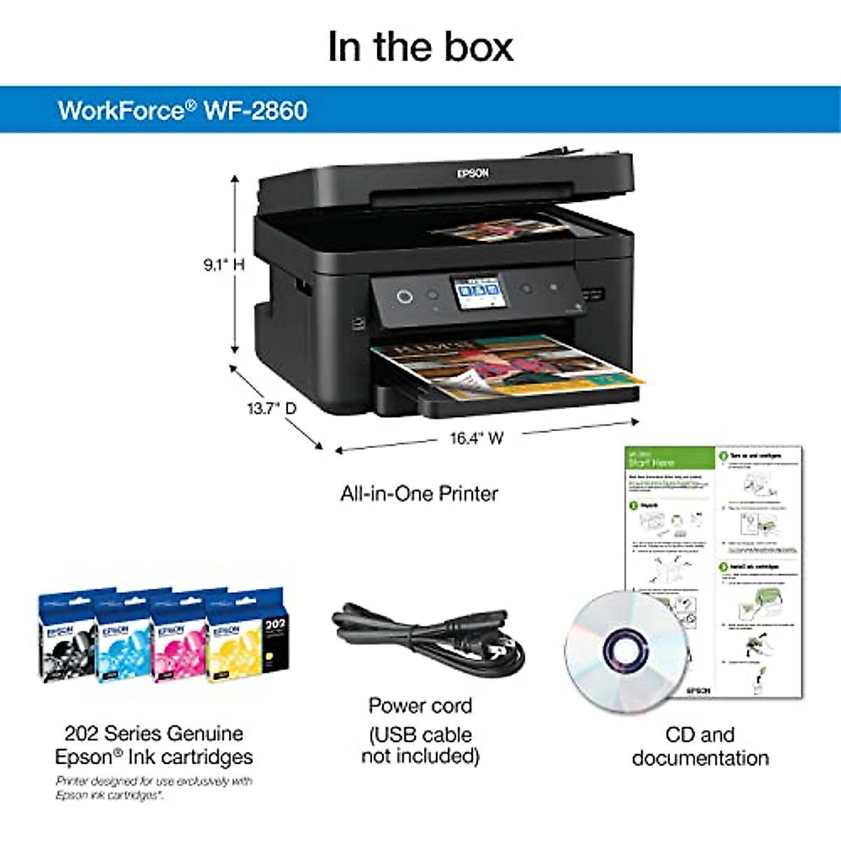Epson Workforce WF-2860 All-in-One Wireless Color Inkjet Printer - Print Scan Copy Fax - Ethernet, NFC, 2.4" Touchscreen, 14 ppm, 4800 x 1200 dpi, Auto 2-Sided Printing, 30-Sheet ADF, Voice Activated