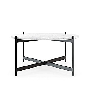 Nathan James Piper Faux White Marble Round Modern Living Accent Side or Coffee, Sofa Center for Dining Room/Tea with Metal Frame, Black
