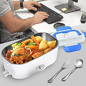 Electric Lunch Box Food Heater, Leak Proof Portable Food Warmer, 3-In-1 Lunch Heating Microwave for Car/Truck/Home, Removable 304 Stainless Steel Container 1.5L, SS Fork & Spoon and Carry Bag, Blue