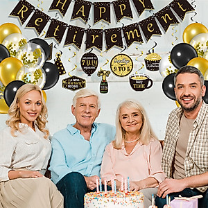 Retirement Party Decorations Set, Happy Retirement Banner Confetti Balloon Retirement Party Hanging Swirls Decorations Kit for Women Retirement Party Indoor Outdoor Supplies (Black and Gold)