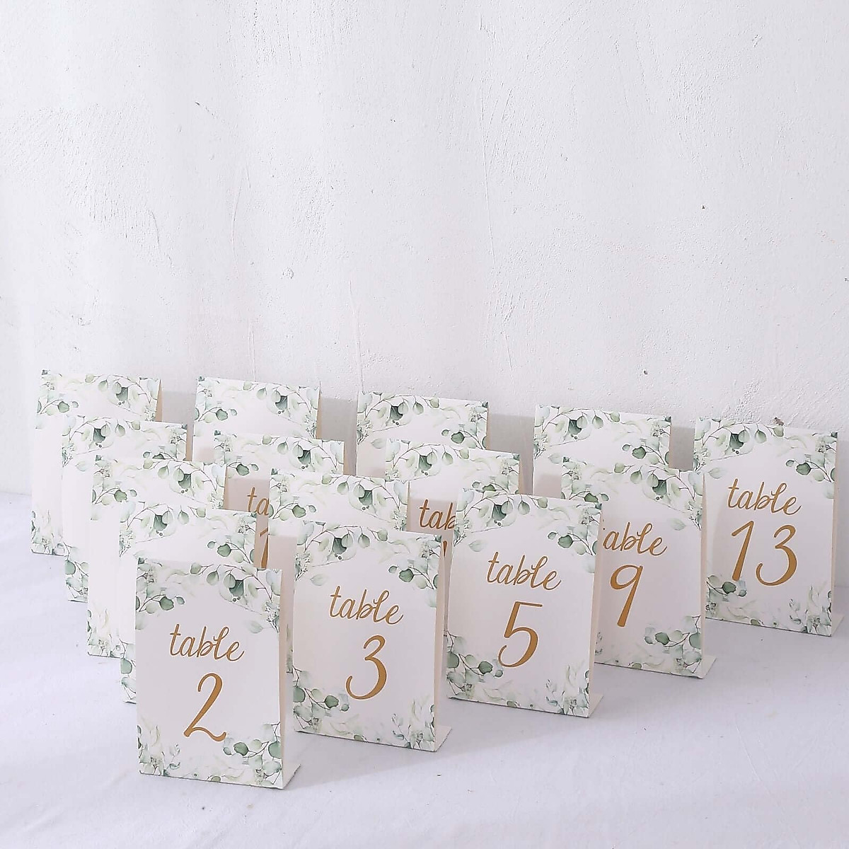 Efavormart 25 Pack White Green Double Sided Paper Wedding Table Numbers with Eucalyptus Leaves and Gold Foil Numbers Print, 7" Free Standing Table Sign Cards 1-25