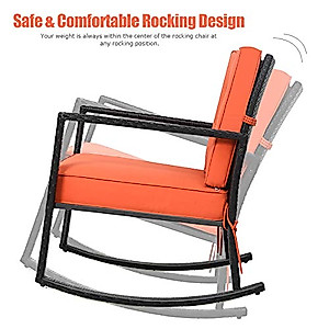 Tangkula Wicker Rocking Chair, Outdoor Glider Rattan Rocker Chair with Heavy-Duty Steel Frame, Patio Wicker Furniture Seat with 5” Thick Cushion for Garden, Porch, Backyard, Poolside (1, Orange)