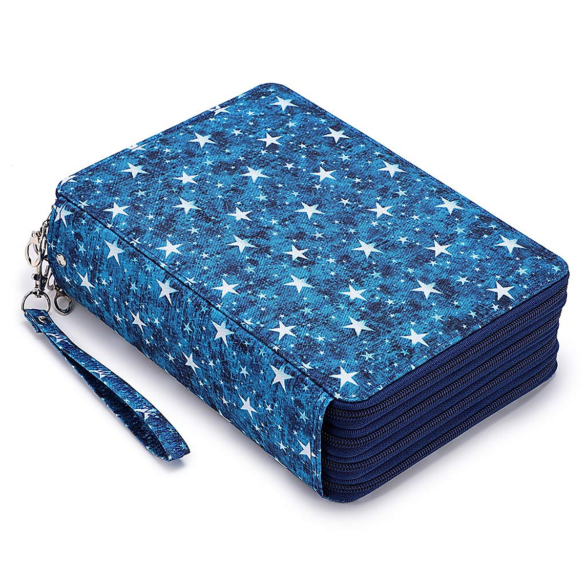 BTSKY Colored Pencil Case- 200 Slots Pencil Holder Pen Bag Large Capacity Pencil Organizer with Handle Strap Handy Colored Pencil Box with Printing Pattern Blue Star