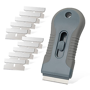EHDIS Ceramic Scraper Car Sticker Remover Glass Stove Top Razor Scraper Label,Glue,Paint,Adhesive Remover Tool + 10pcs Stainless Steel Razor Blades (Grey)
