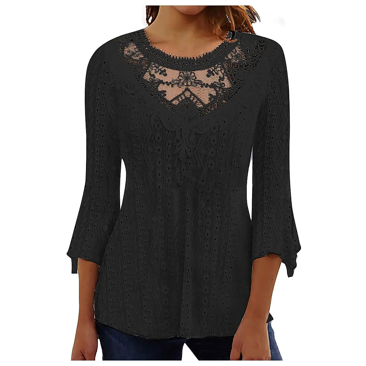 Womens Tops 3/4 Length Sleeve Solid Color Lace Patchwork Tee Blouse Crewneck Empire Waist Dressy Casual Tunics Womens Long Sleeve Tops Casual Black M