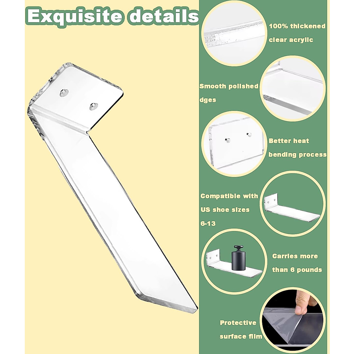 UVAPEK Floating Shoe Display Shelf, 6 Pack Acrylic Levitating Shoe Shelves for Wall Mount, Floating Shelves for Bedroom Playroom Showcase Sneaker Collection or Shoes Box, Easy to Install, Square-6