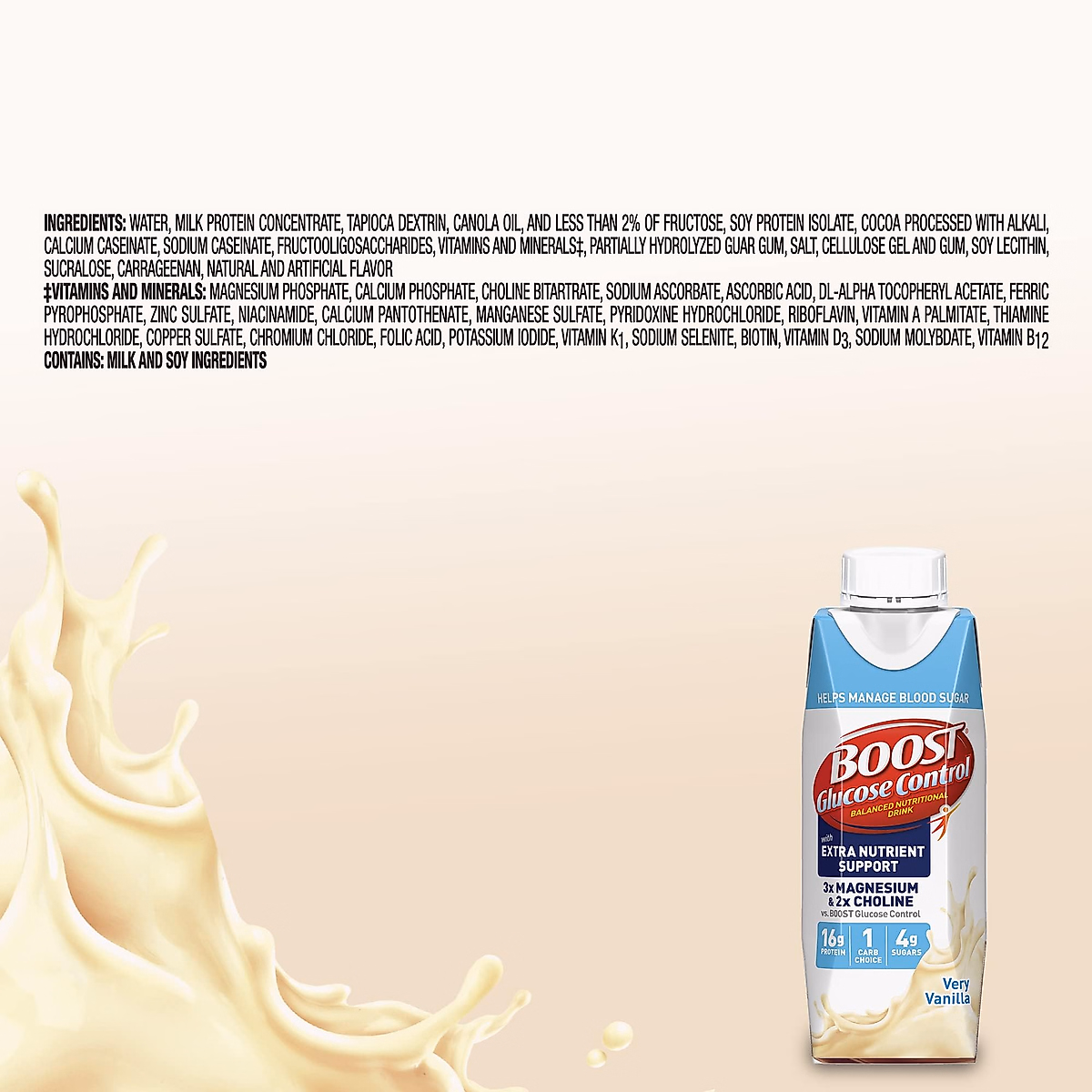 BOOST Glucose Control Ready to Drink Nutritional Drinks with Extra Nutrient Support Drink, Very Vanilla, Carton, 8 Fl Oz, Pack of 24