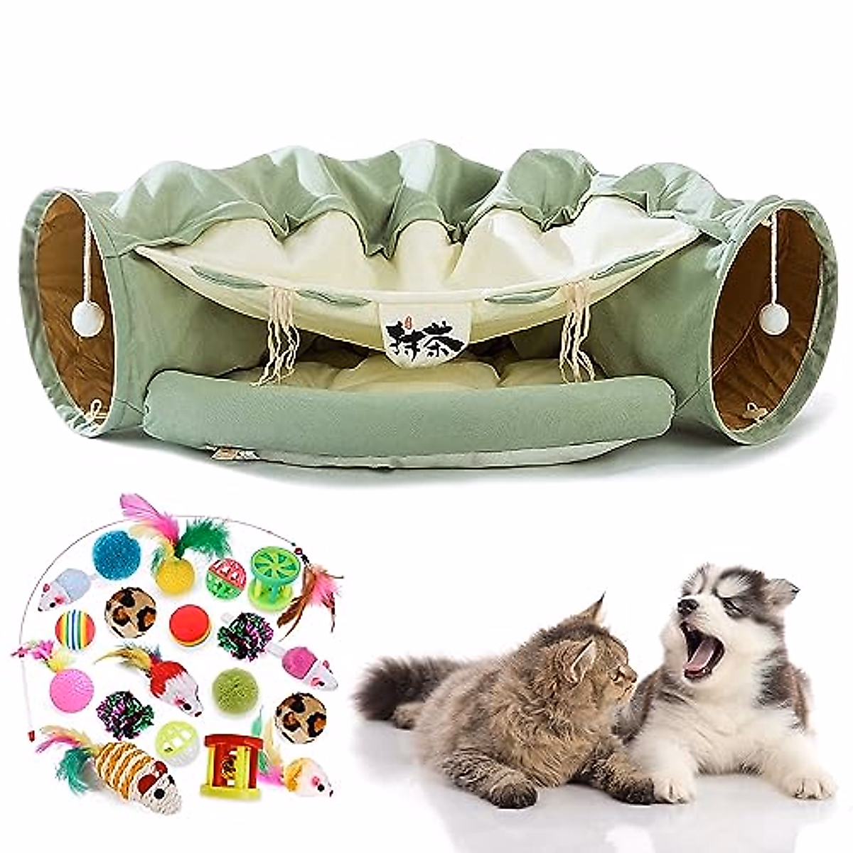 Kimruule Cat Tunnels for Indoor Cats, 2-in-1 Cat Tunnel Bed with Cat Toys Collapsible Cat Tunnel Tubes Toys with Removable Mat for Cats Kittens Ferret Rabbits Bunnies (Green)