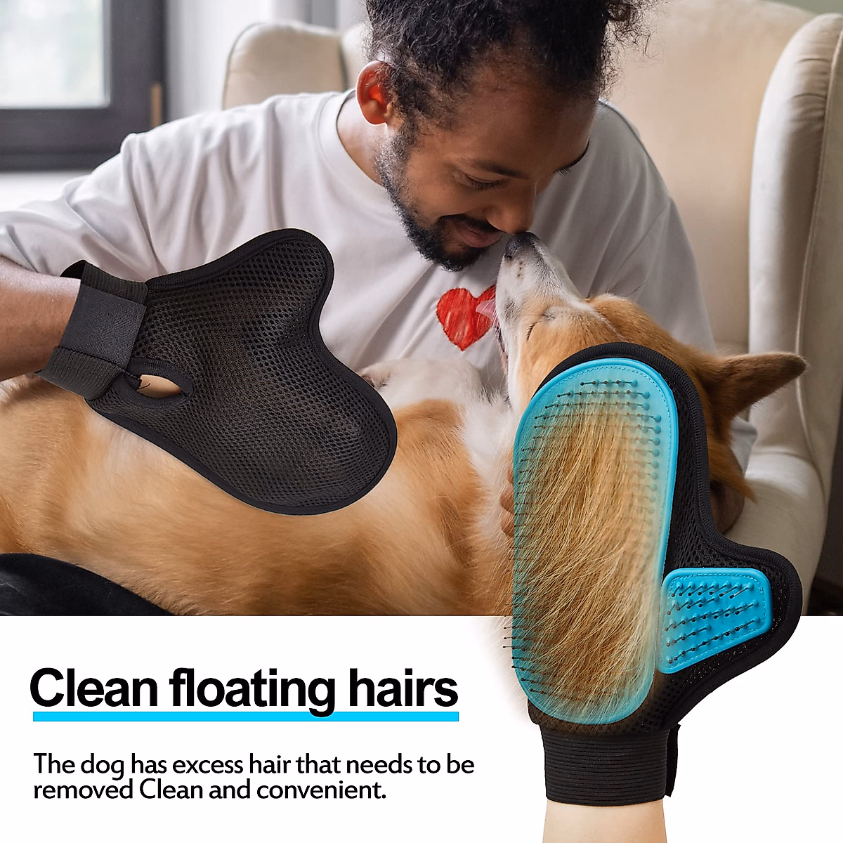 Beenefits 2024 Pet Grooming Glove with Tipped Pin Brush,Special Design Deshedding Glove, Massage Mitt, Perfect Petting Tool for Sensitive Dogs & Cats with Long & Medium Fur - Right-Hand - Blue