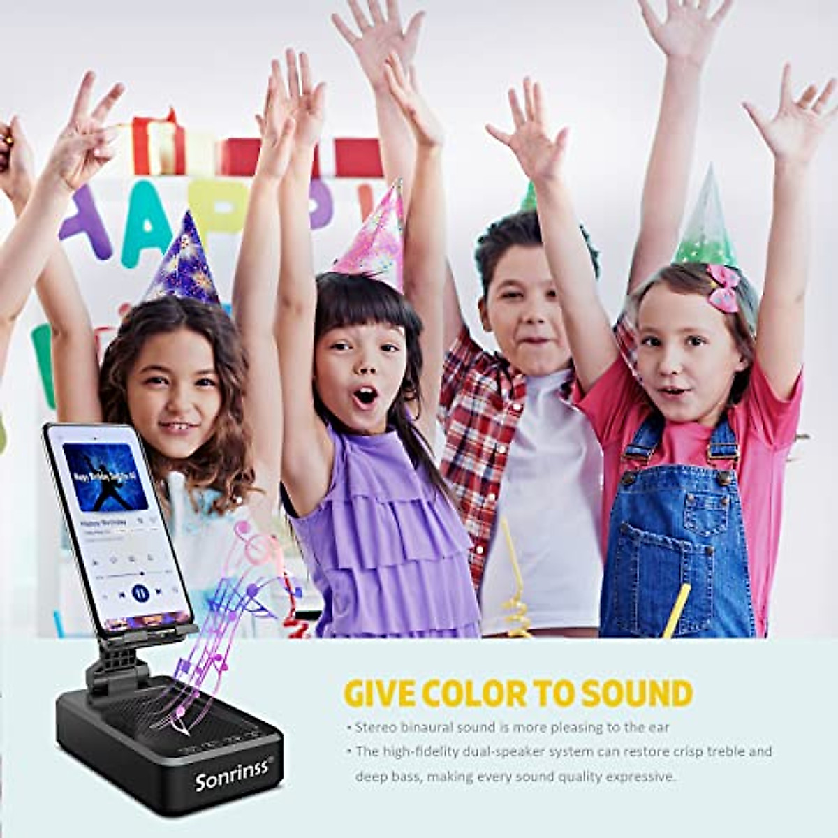 Cell Phone Stand with Wireless Bluetooth Speaker, Adjustable HD Surround Sound Cell Phone Speakers, Anti-Slip Phone Holder for Desk, Compatible with Any Smartphones, Suitable for Indoors, Outdoors