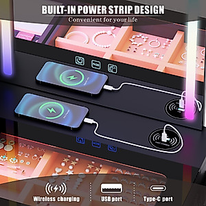 Makeup Vanity Desk with Lights: Vanity Table with Mirror - Dressing Table with Wireless Charging Station & RGB Lights Mobile Vanity with Drawer Glass-Top Design Girls Black Vanity for Bedroom