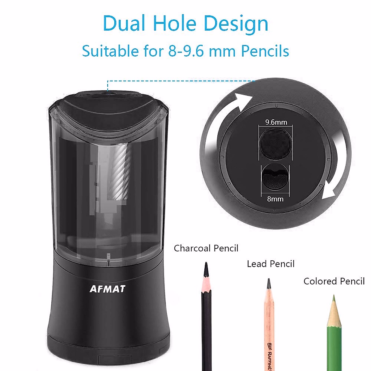 AFMAT Rechargeable Long Point Pencil Sharpener, 2 Holes, Fast Sharpen & Auto Stop, 8-17mm Super Long Point, Artist Pencil Sharpener for 6-9.6mm Large Pencil, Charcoal/Drawing/Sketching/Colored Pencils