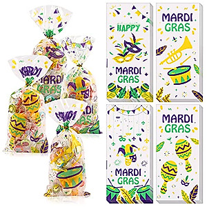 200 Pcs Mardi Gras Cellophane Cookie Candy Bags with 220 Twist Ties Bulk Gift Platic carnival theme Design Goody Treat Bags for Theme School Party Favor