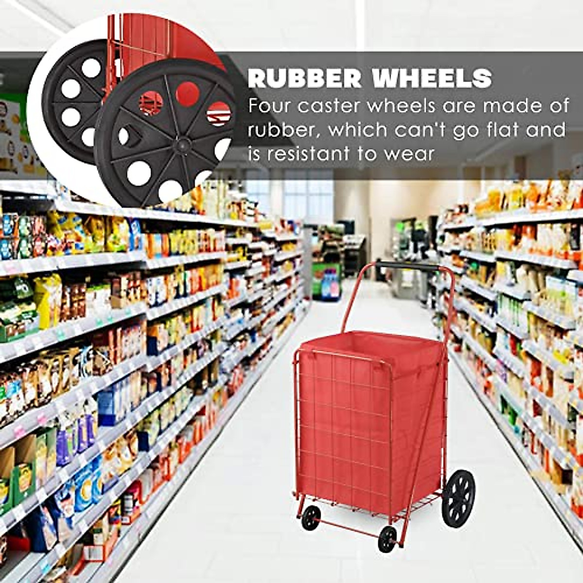 Juggernaut Carts Folding Shopping Cart, 110 lbs Capacity, Red Powder Coated Steel, Rubber Caster Wheels, Handle, Folds for Storage