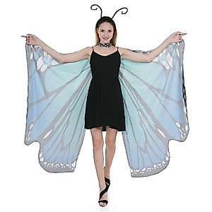 Spooktacular Creations Adult Butterfly Costume, Wing Cape Shawl with Lace Mask and Black Velvet Antenna Headband for Adult Women Halloween Costume-Blue