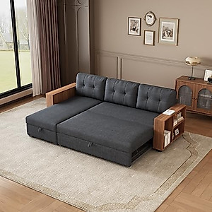 Acosure 84" Convertible L-Shape Pull Out Couch with Wooden Storage Chaise and Handrail,Sleeper Sectional Sofa Bed W/ 3 Movable Back Cushions,for Living Room,Office,Dark Grey