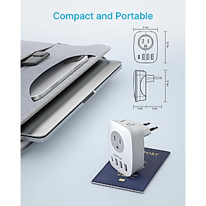 3 Pack European Travel Plug Adapter, VINTAR International Power Plug Adapter with 2 American Outlets, 1 USB C and 3 USB Ports, 6 in 1 Travel Essentials to France, German, Italy, Spain (Type C)